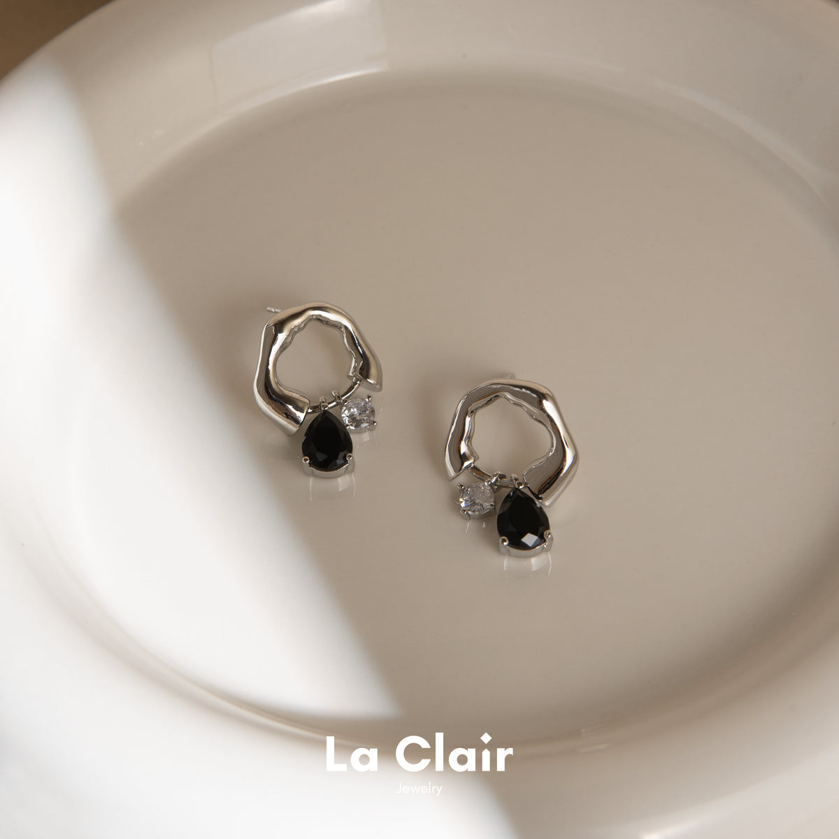 Silver Hoop Earrings with Black and White Zircon Pendants | La Clair Jewelry